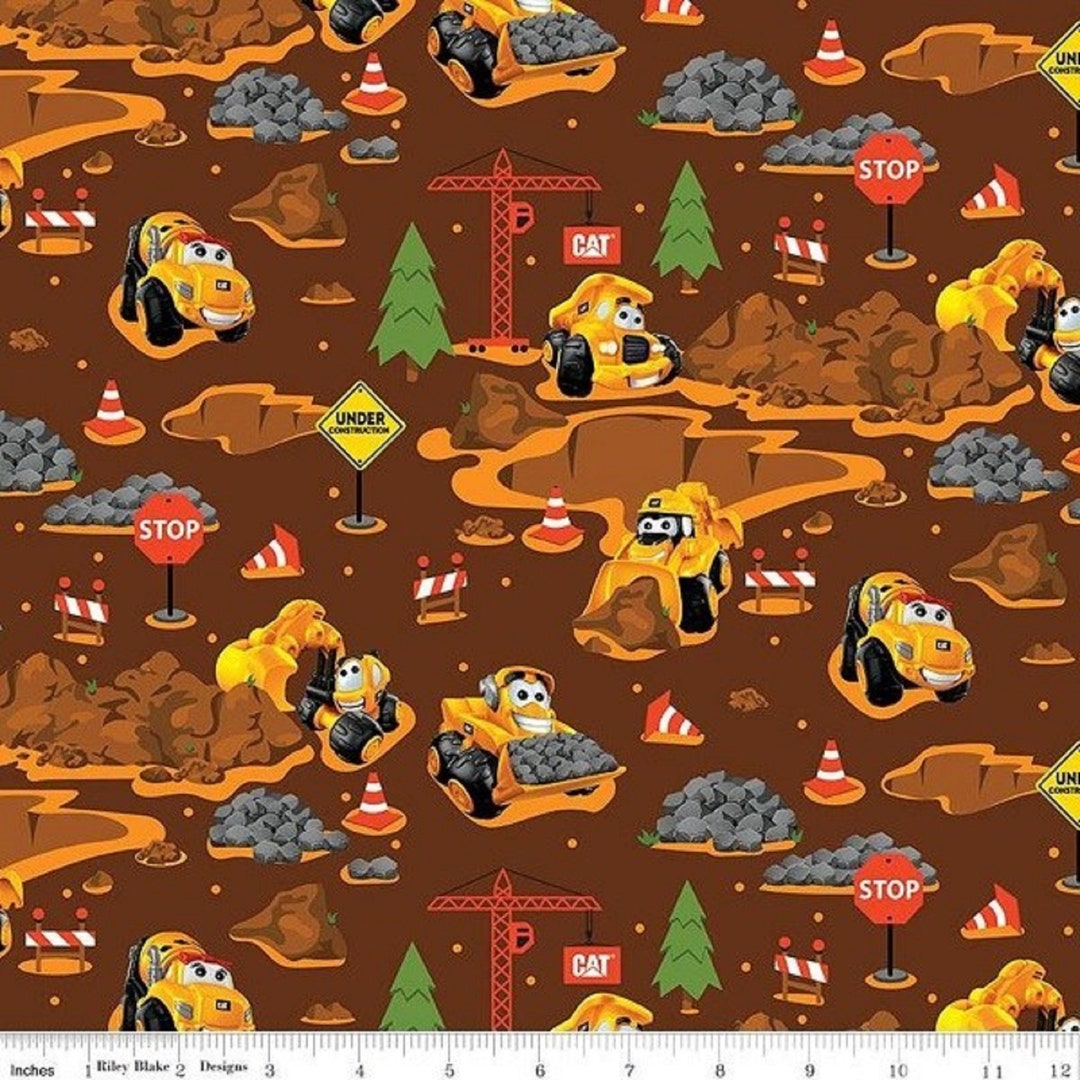 CAT Building Crew Main Brown Bulldozers Trucks Cotton Quilting Fabric 1 ...