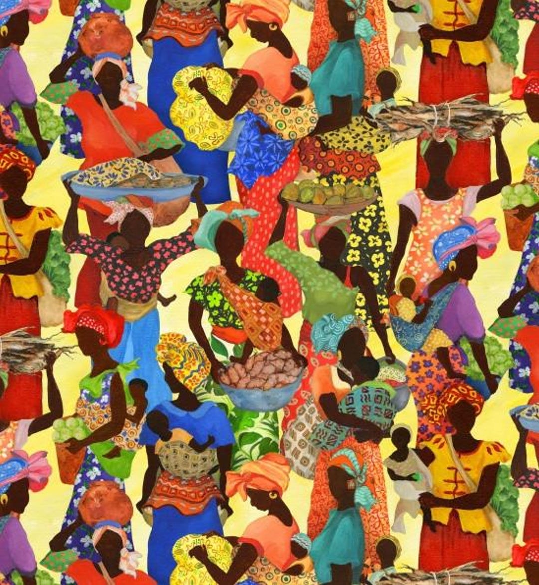 African Story Packed People Yellow 450001-YELLOW Cotton Quilting Fabric ...