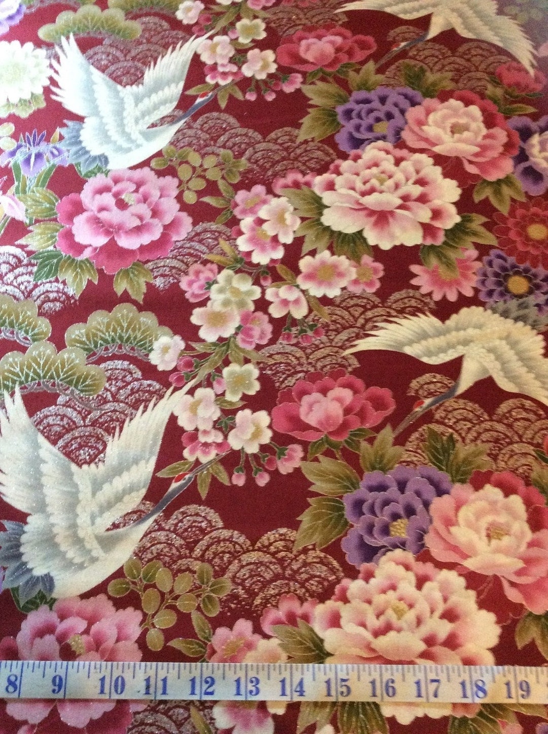 Cranes Flowers Silver Highlights Kio Red Japanese Asian Cotton Quilting ...