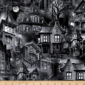 Wicked Eve Haunted Houses Black and White Cotton Quilting Fabric 1/2 ...