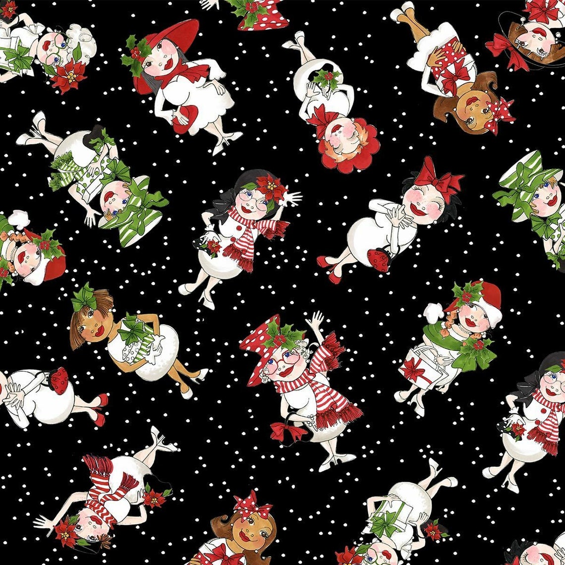Christmas Snowball Ladies Tossed Black Cotton Quilting Fabric | Etsy