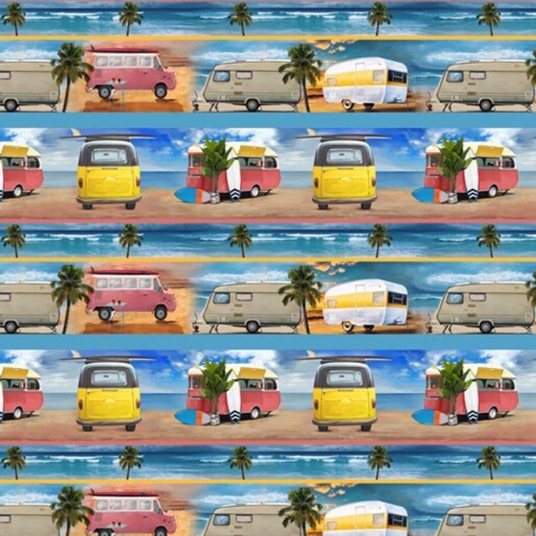 Retro Campers Caravans Camping Stripe Cotton Quilting Fabric 1/2 YARD ...