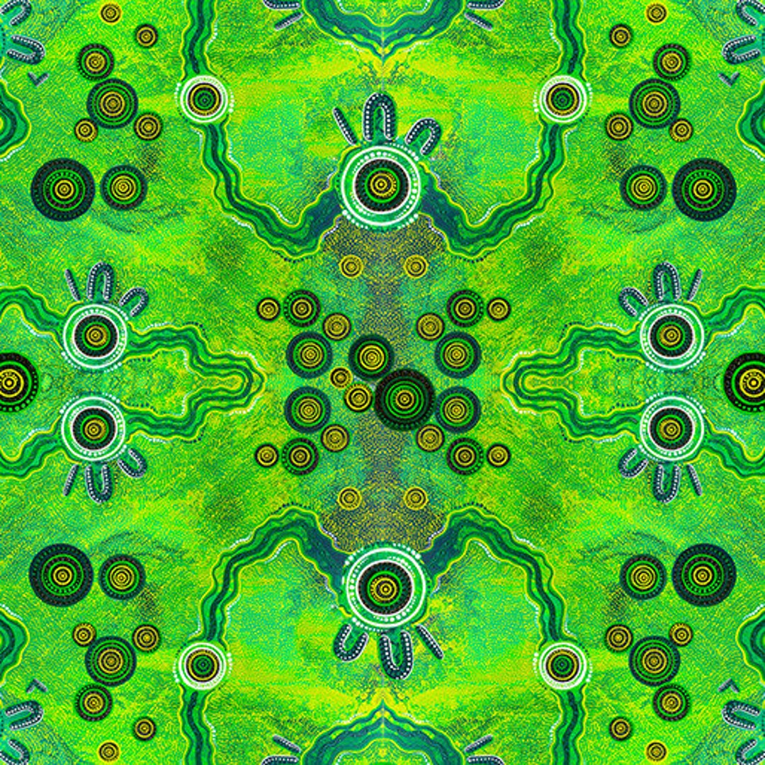 Aboriginal Art Spirit of the Bush 2 Songlines Green-apii Warukara Cotton Quilting Fabric 1/2 ...