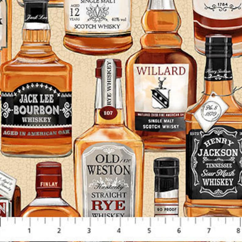 The Cave Whisky Bottles Cream 24993-12 Cotton Quilting Fabric 1/2 YARD ...