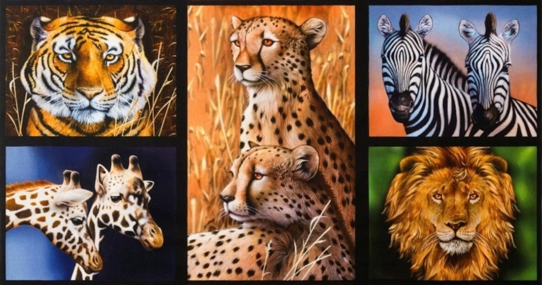 Nature Studies Lion Cheetah Giraffe Cotton Quilting Fabric Panel - Etsy