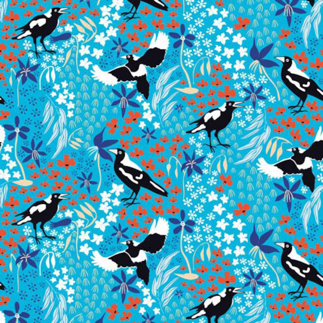 Merry Magpies Light Blue Australian Birds Taking Flight Cotton Quilting ...