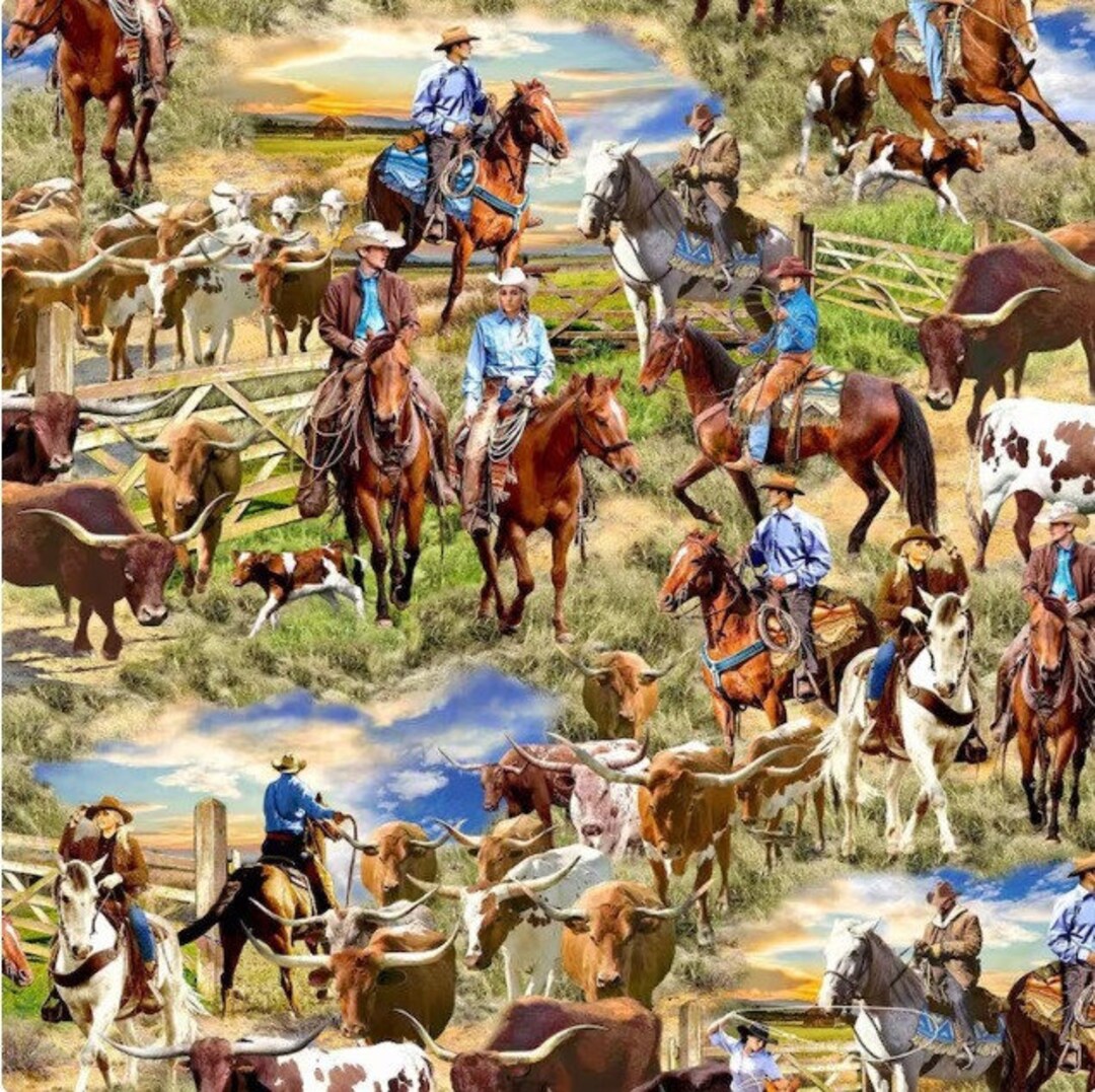 Big Sky Country Cowboys Cowgirls Cows Multi DCX11298-MULT Cotton ...