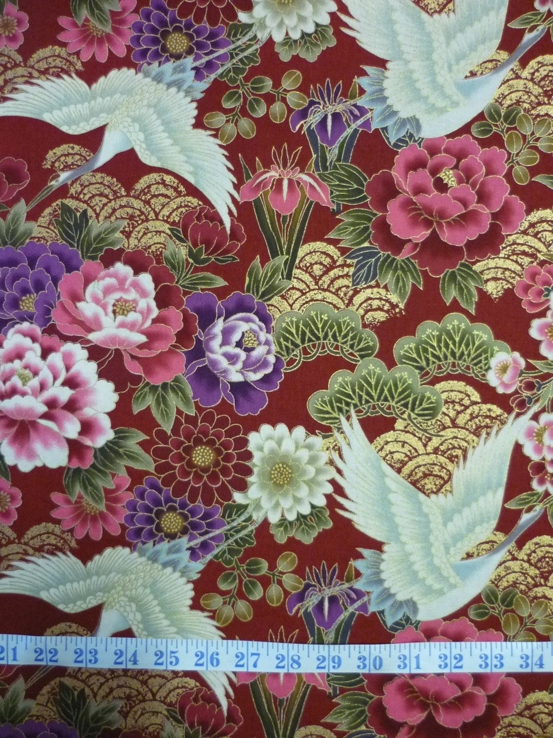 Cranes Flowers Gold Highlights Kio Red Japanese Asian Cotton Quilting ...