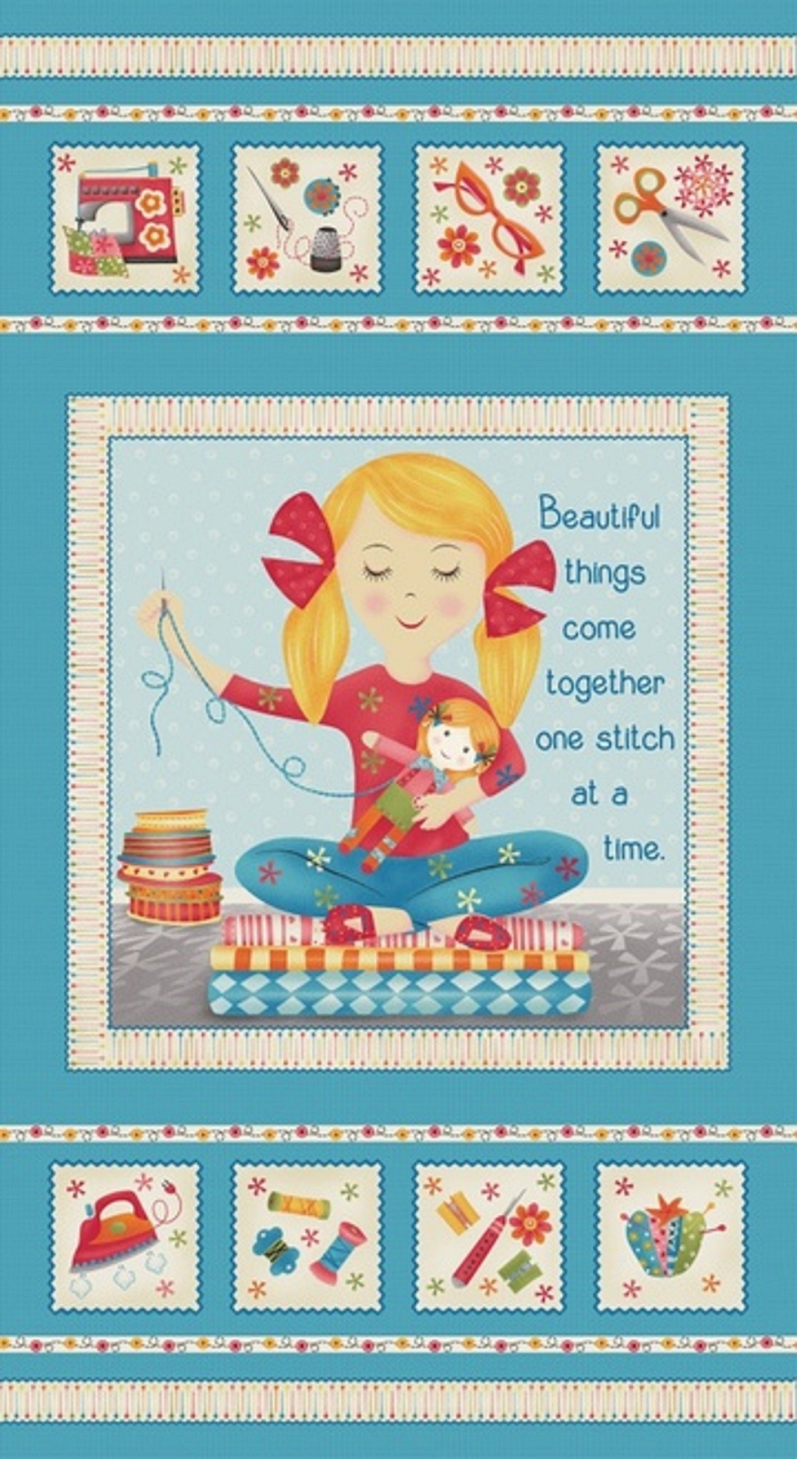 One Stitch at A Time Girl Sewing Cyan Cotton Quilting Fabric Panel - Etsy