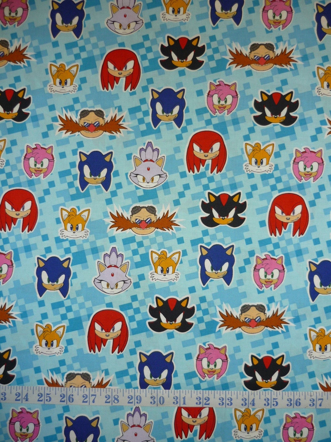 Sonic the Hedgehog Faces Toss Blue Background Cotton Quilting Fabric 1/ ...