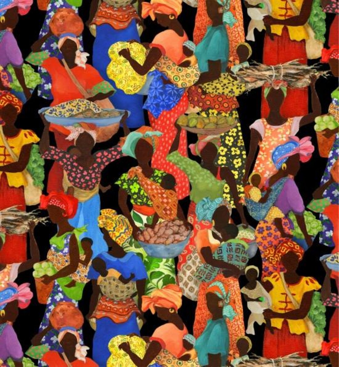 African Story Packed People Black 450001-BLACK Cotton Quilting Fabric 1 ...