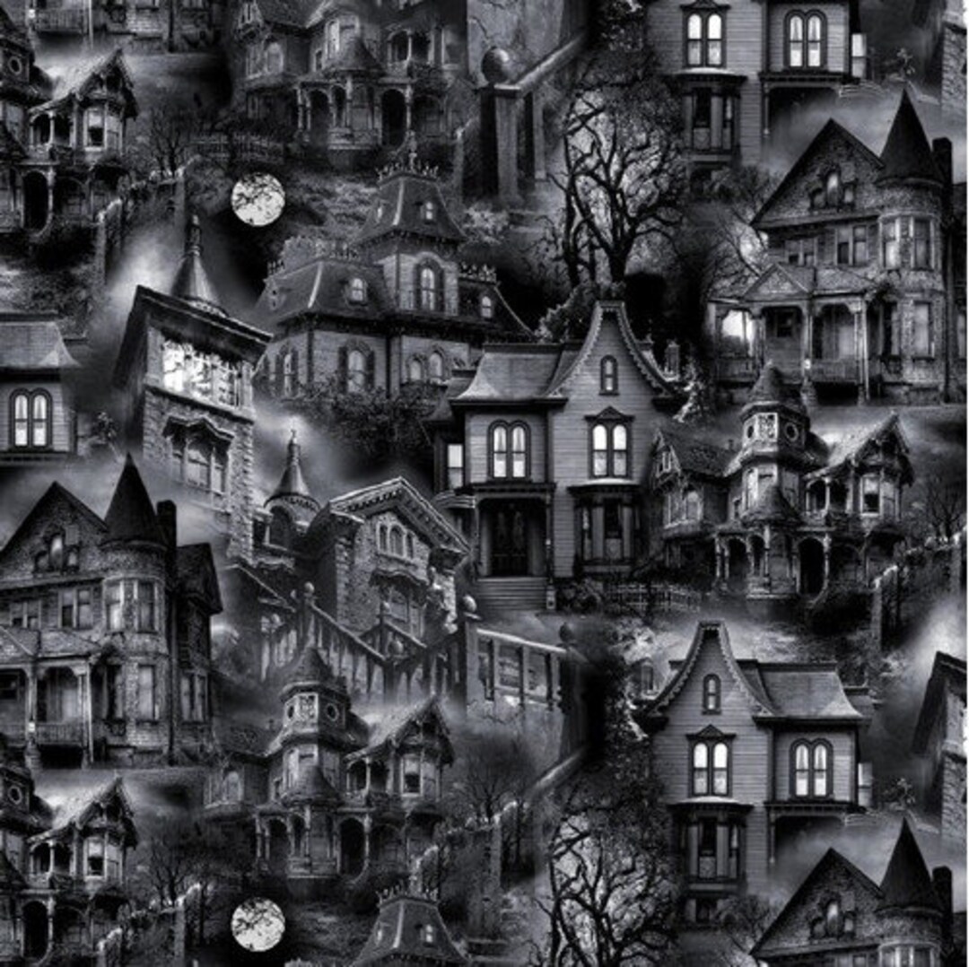 Wicked Eve Haunted Houses Black and White Cotton Quilting Fabric 1/2 ...