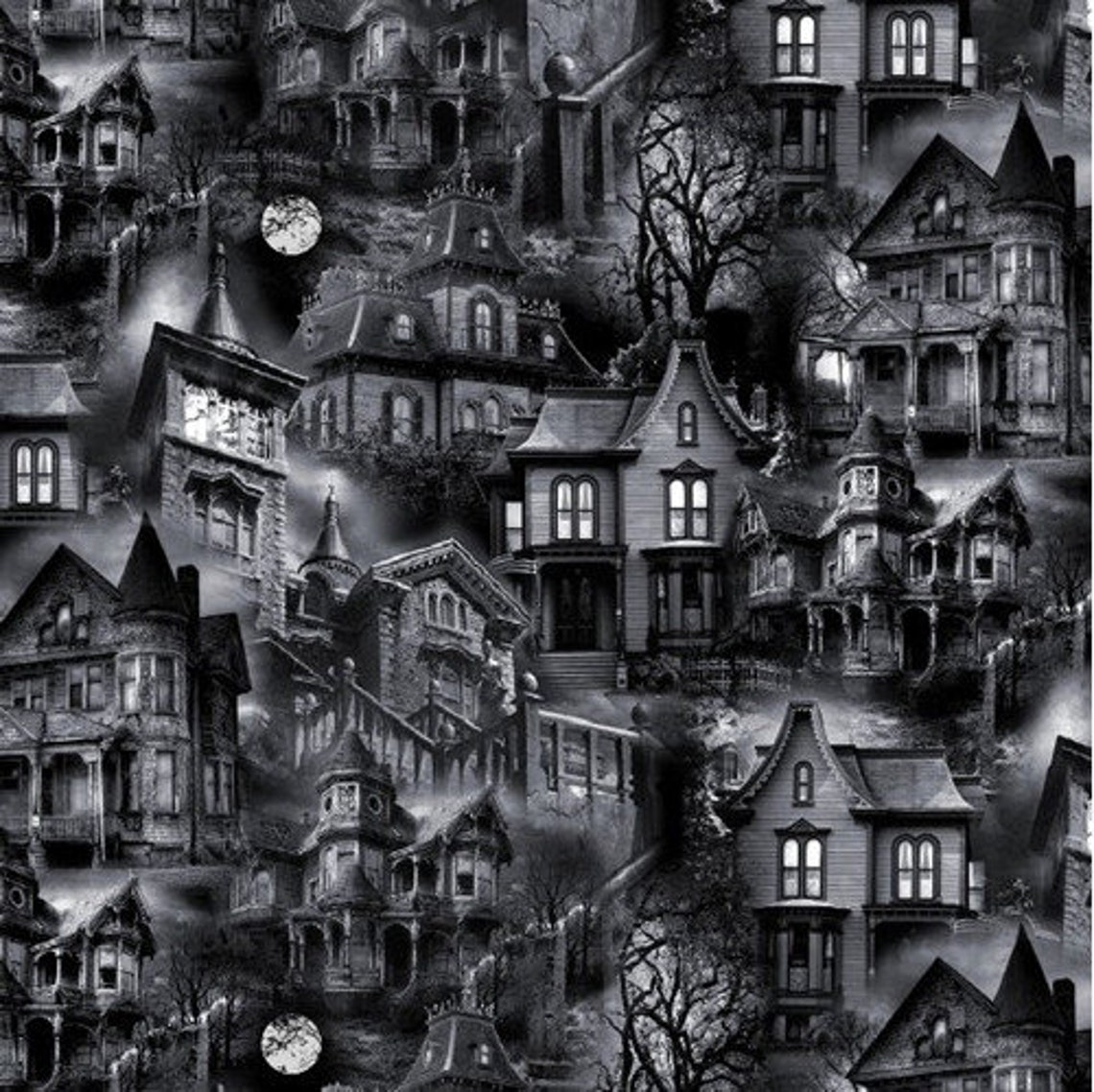 Wicked Eve Haunted Houses Black and White Cotton Quilting Fabric 1/2 ...