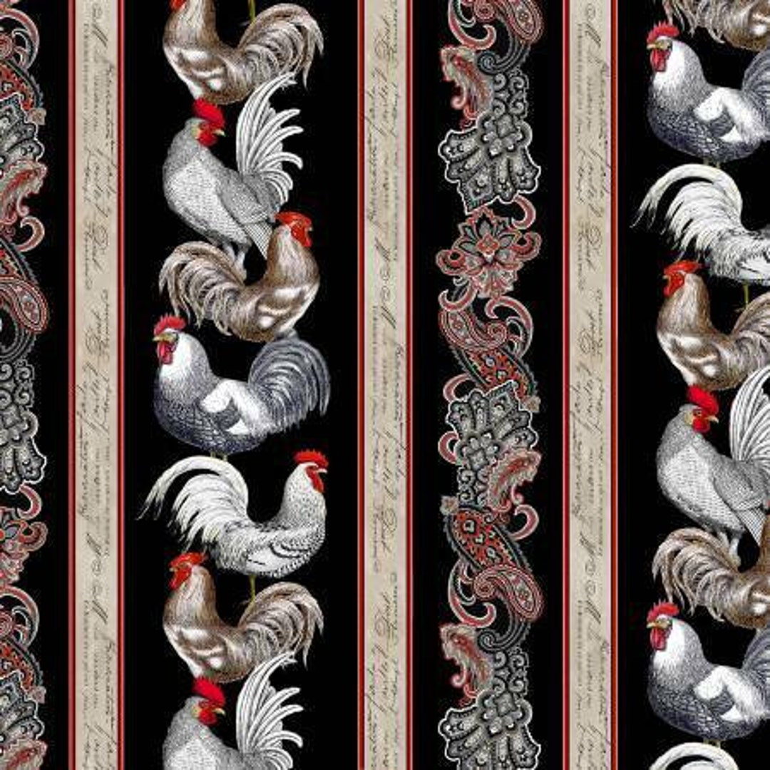 French Country Rooster Chickens Border Stripe Cotton Quilting Fabric /2 ...