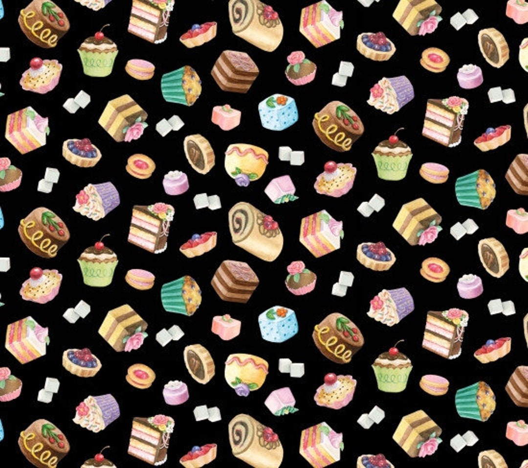 Fancy Tea Cakes Pastries Black Metallic Highlights 34002E-BLACK Cotton ...