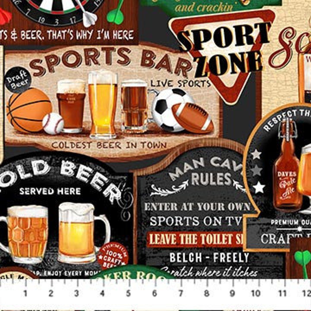 The Cave Feature Black Man Cave Signs Multi 24991-99 Cotton Quilting ...