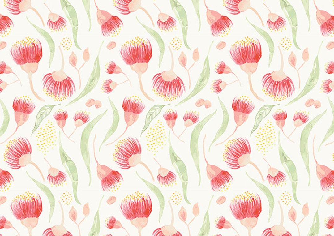 Australian Gum Tree Leaf and Blossom White Background Cotton Quilting ...