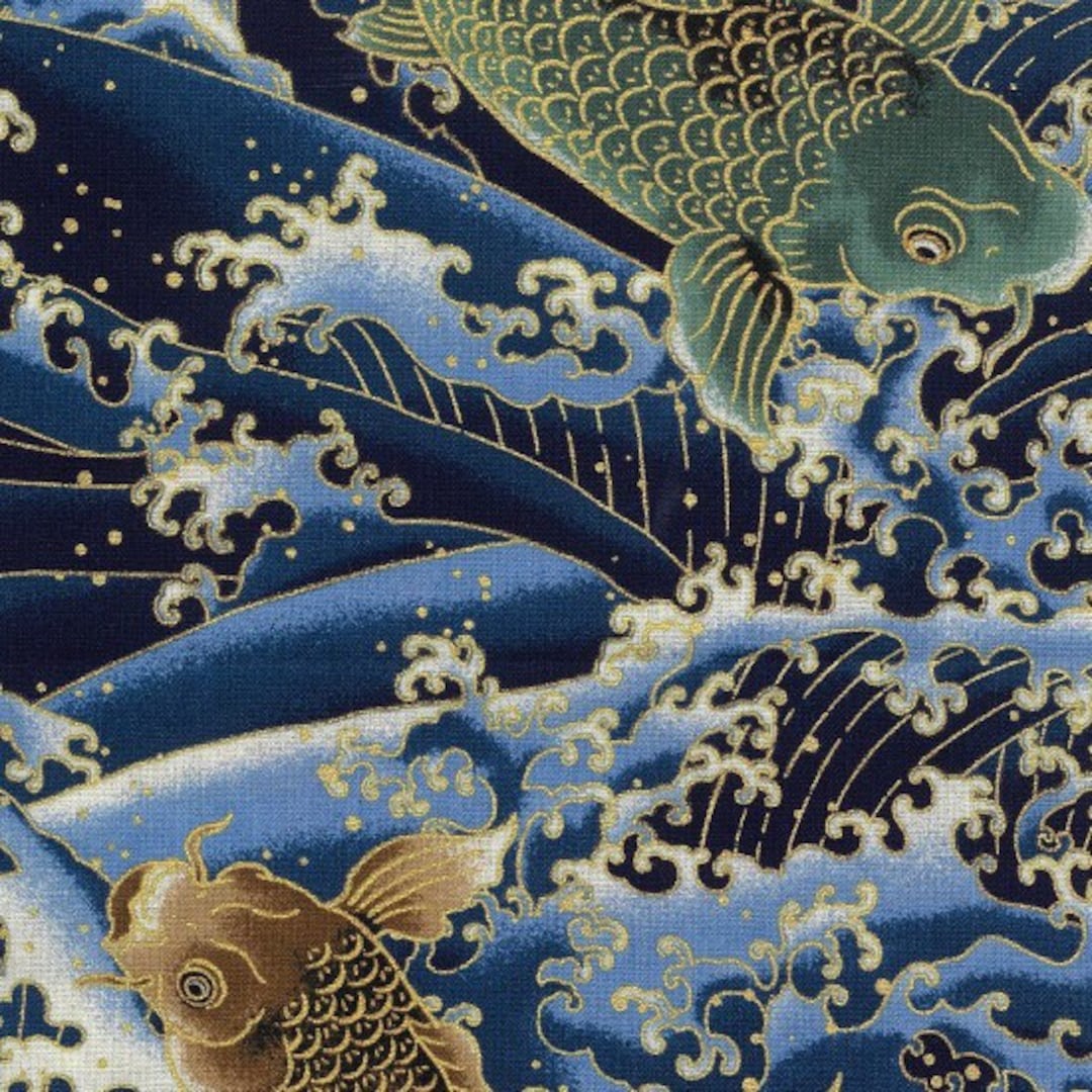 Sakana Koi Fish Metallic Highlights Blue Cotton Quilting - Etsy