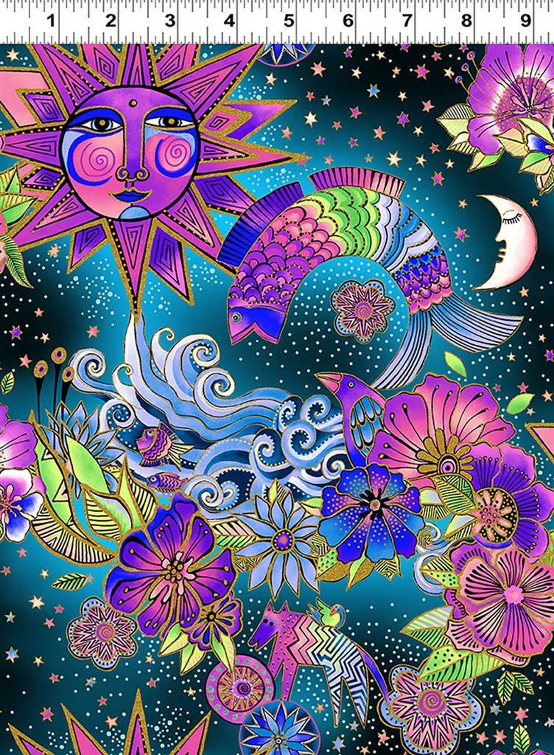 Celestial Magic Toile Multi Colour Gold Metallic Cotton Quilting Fabric ...