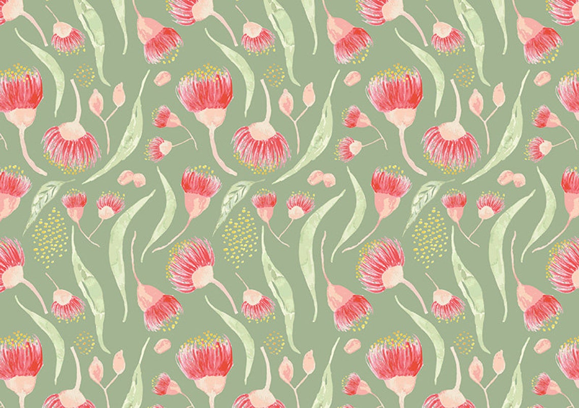 Australian Gum Tree Leaf and Blossom Green Background Cotton - Etsy