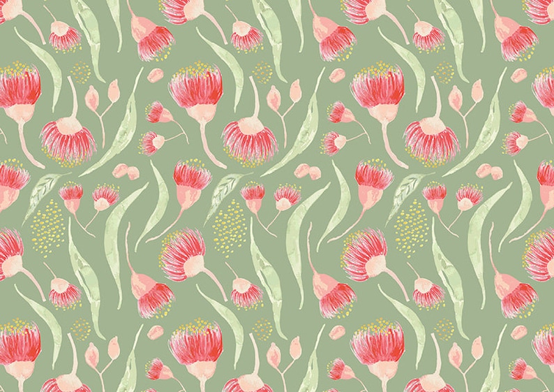 Australian Gum Tree Leaf and Blossom Green Background Cotton - Etsy