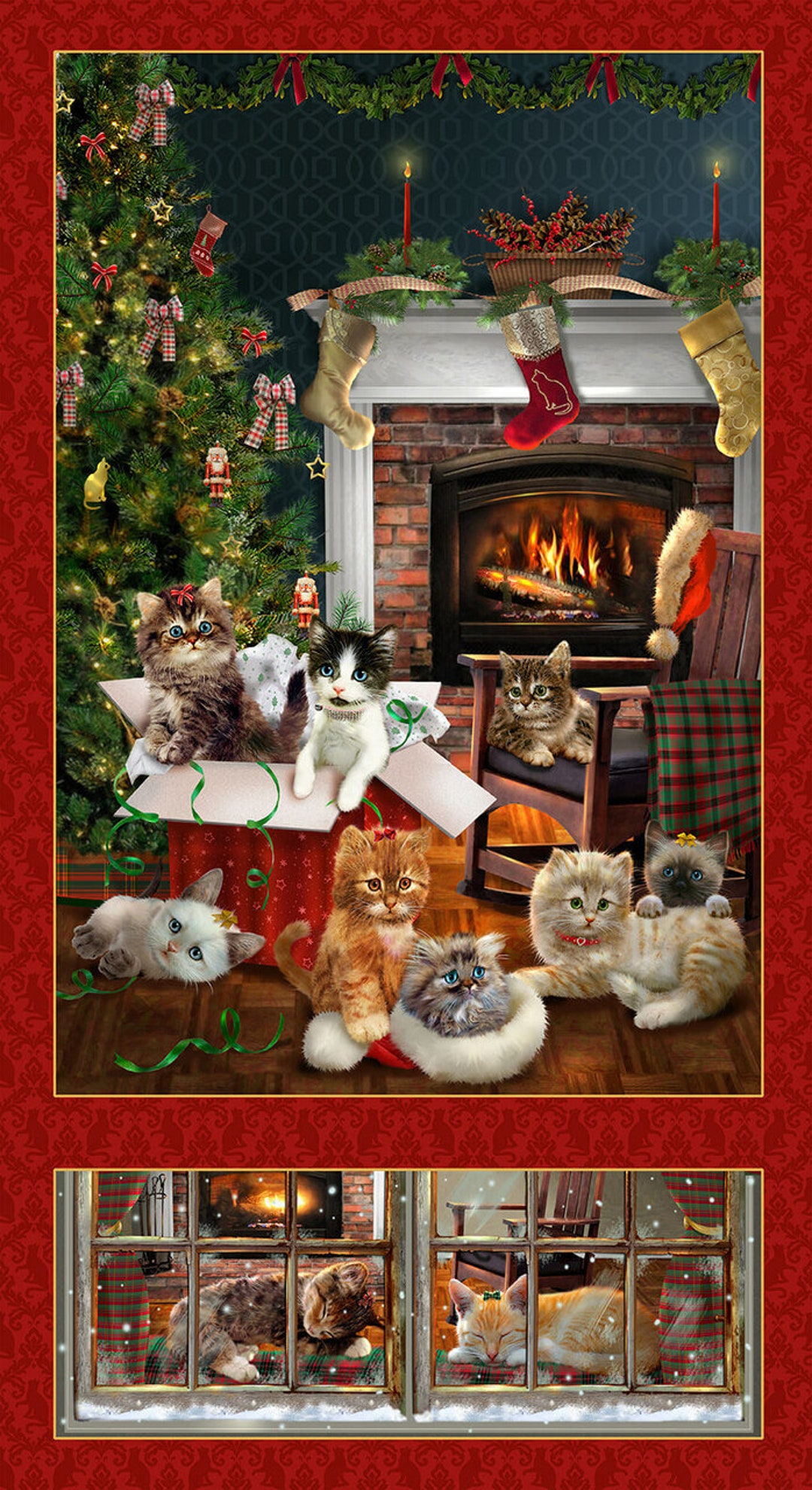 Red Fireside Kittens Cats Christmas Cotton Quilting Fabric Panel - Etsy