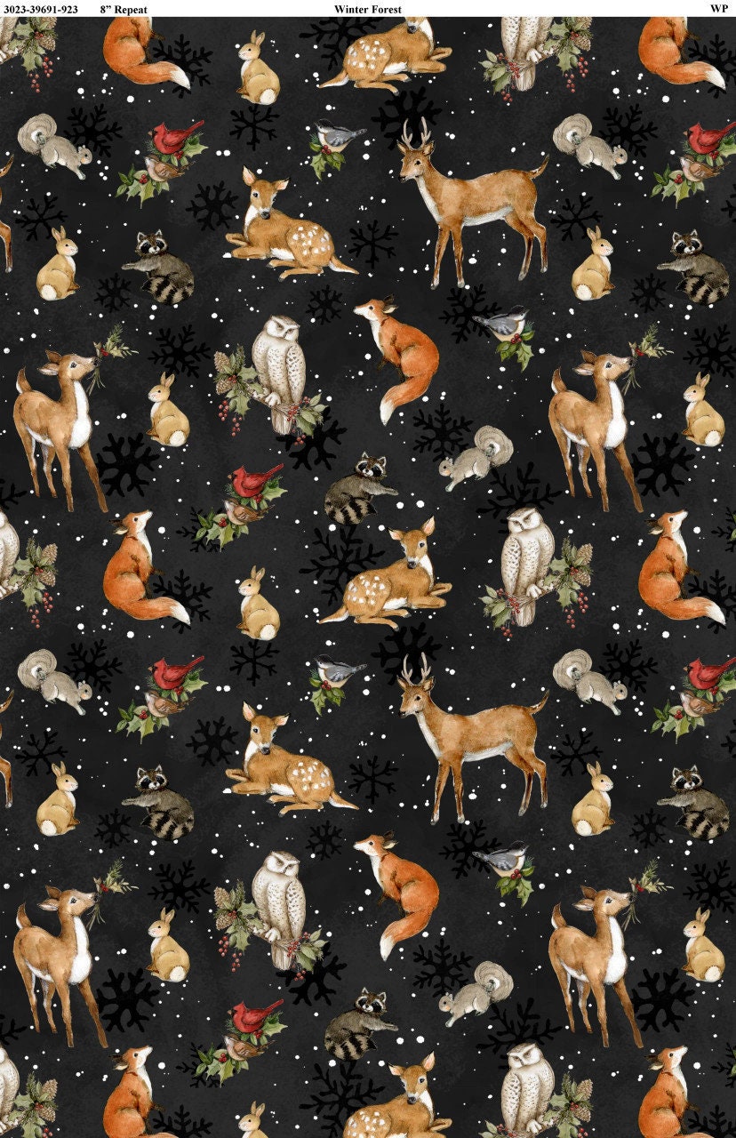 Winter Forest Christmas Animals Black 39691-923 Cotton Quilting Fabric ...