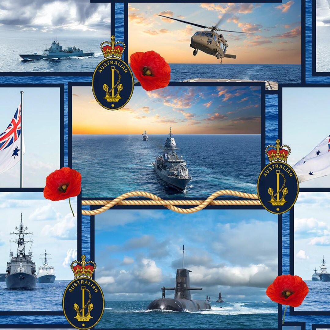 Navy II Australia 4167C Ships Subs Helicopters Collage Cotton Quilting ...