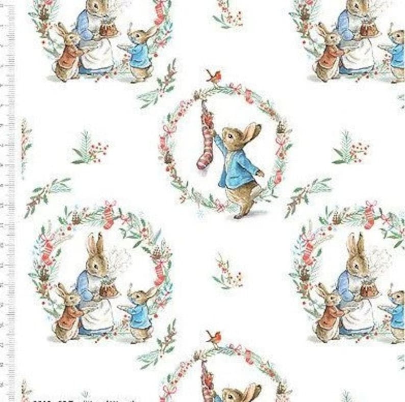 Peter Rabbit Christmas Traditions Wreaths White Cotton Quilting Fabric ...