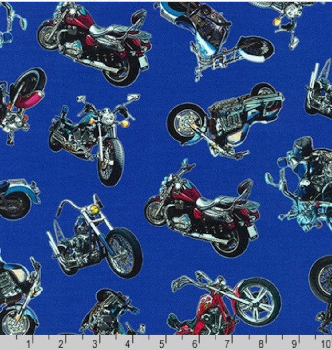 On the Road Motorcycles Motorbikes Royal Blue Cotton Quilting Fabric 1/ ...