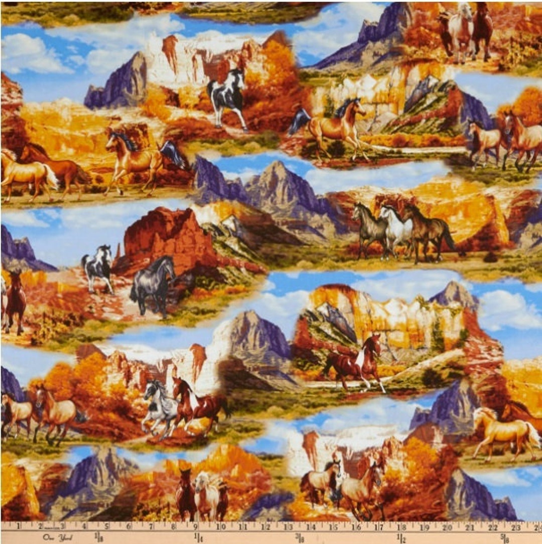 Wild Wild West Wild Horses Collage Multi Cotton Quilting Fabric 1/2 ...