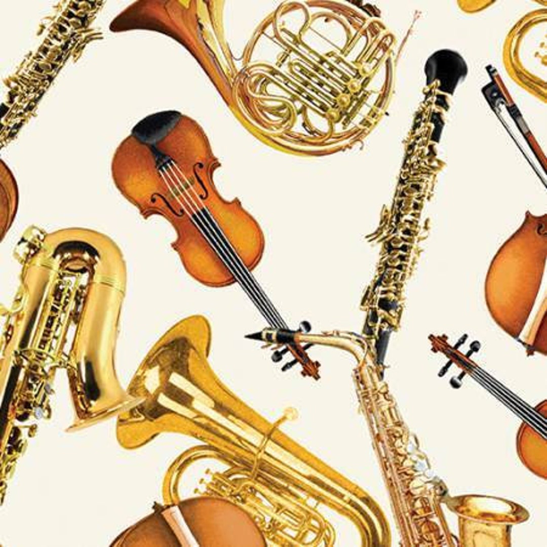 Horns and String Musical Instruments Tossed Cream Cotton Quilting ...
