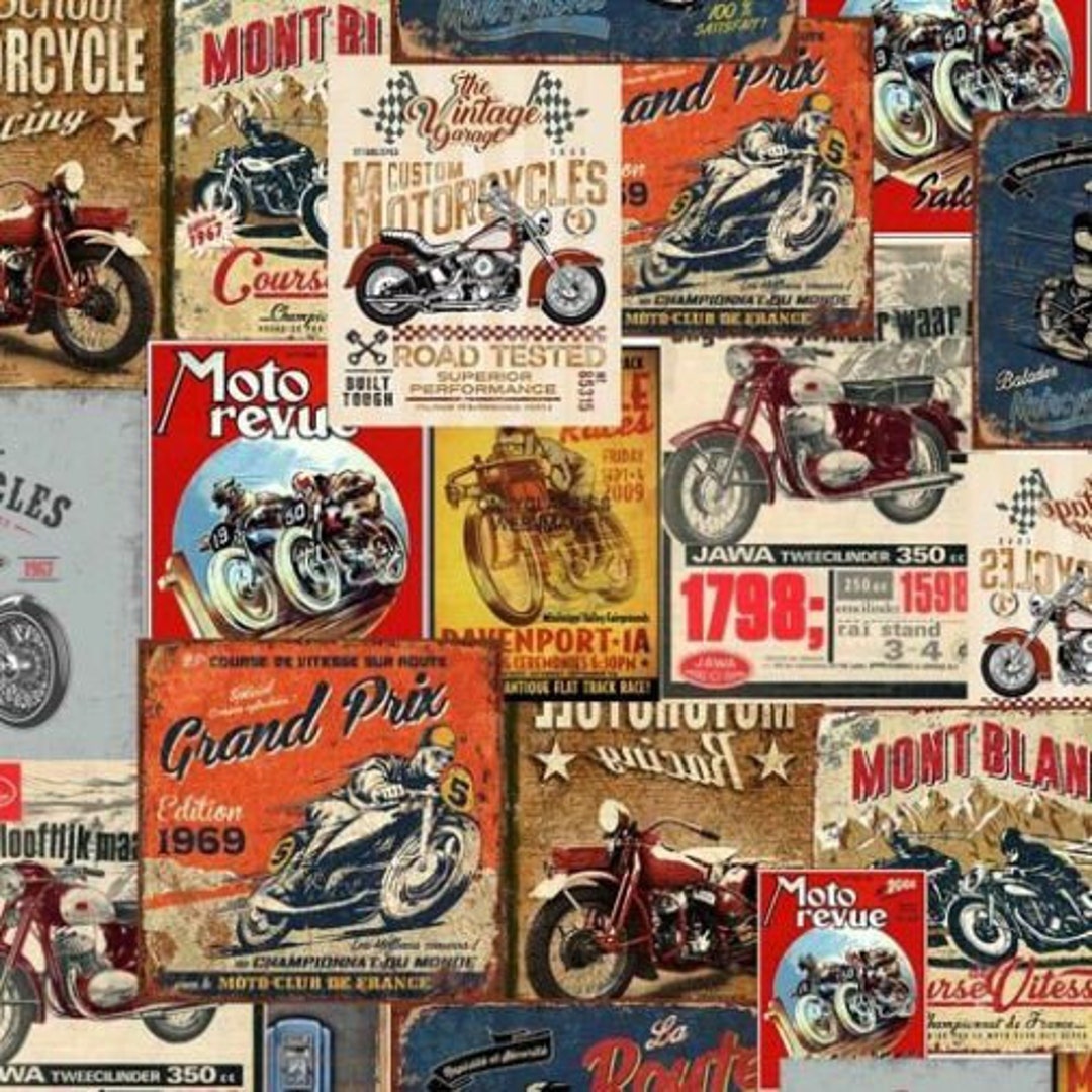 Motorbikes Classic Motorcycle Collage 1060/774A Cotton Quilting Fabric ...