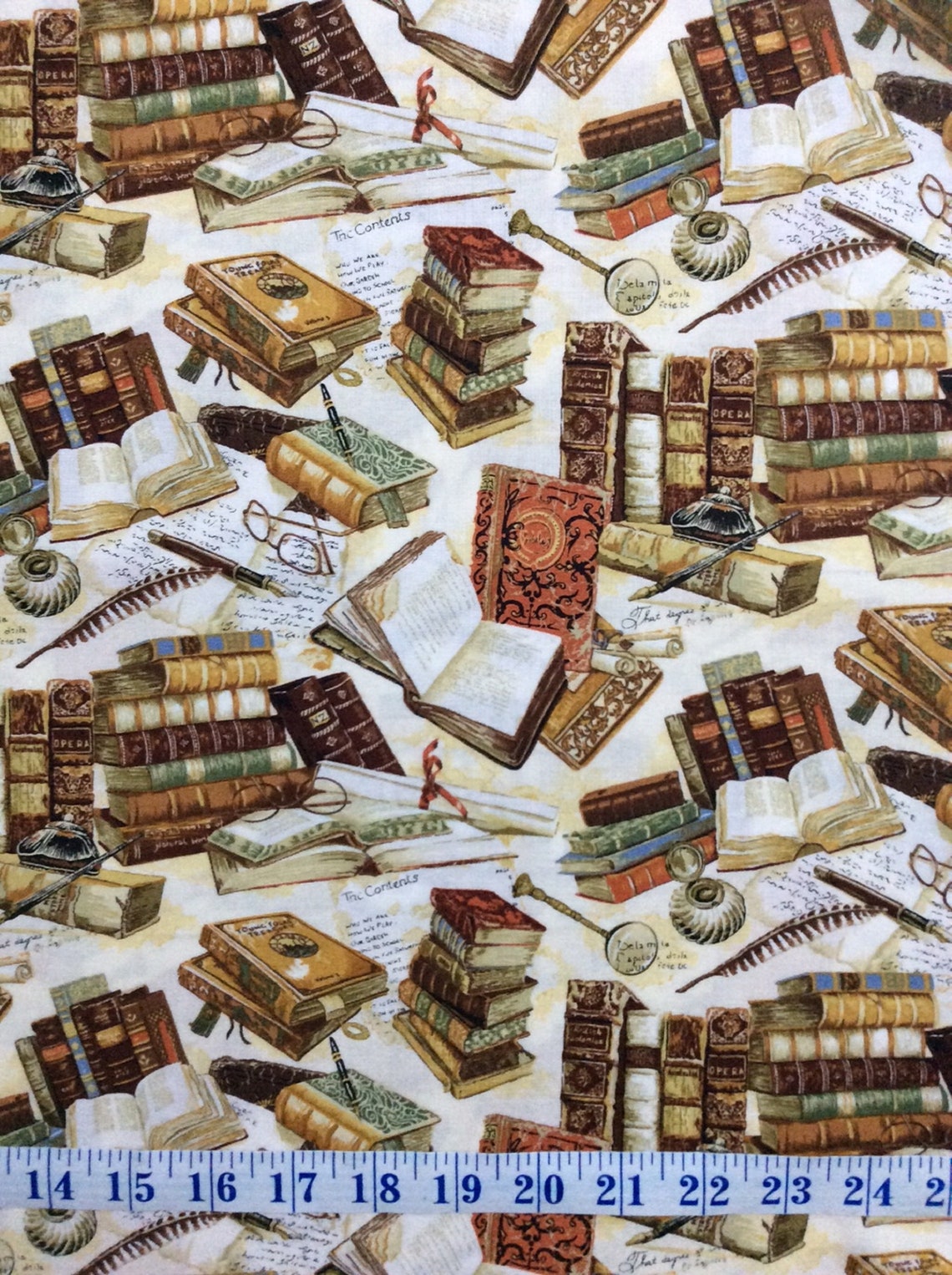 Books Victorian Vintage Parchment Pens Cotton Quilting Fabric 1/2 YARD ...