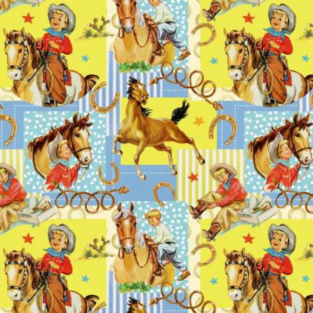 Vintage Storybook Cowboy Eddie Cotton Quilting Fabric 1/2 YARD - Etsy ...