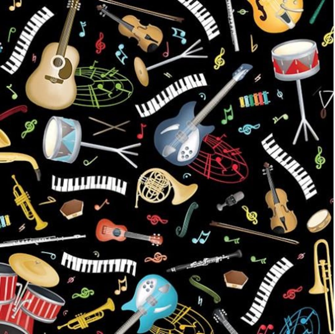 Making Music Musical Instruments Black Background 14772-12 Cotton ...