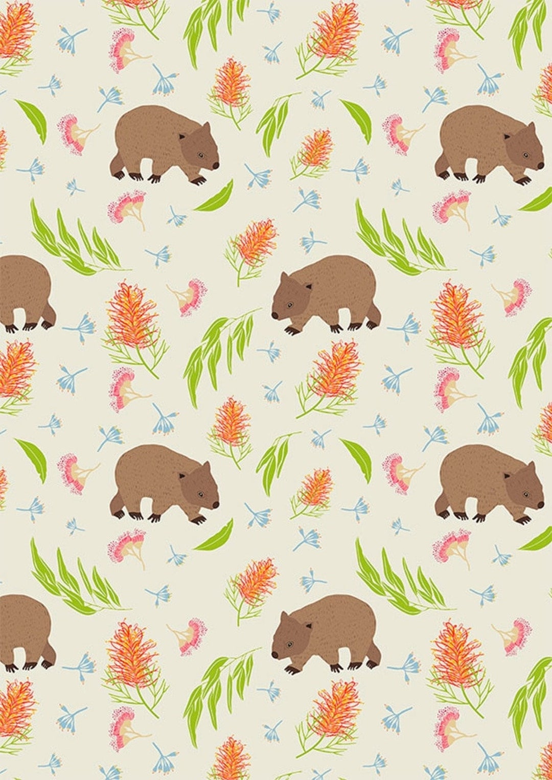 Australian Animal Waltzing Wombat Cream Cotton Quilting Fabric 1/2 YARD ...