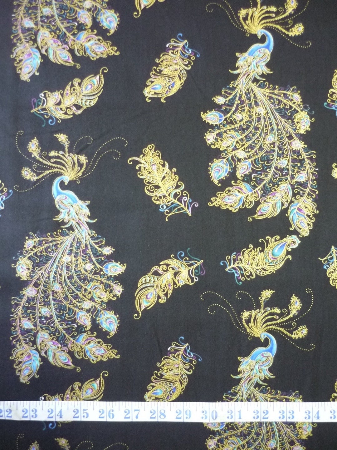 Peacock Flourish Peacocks Toss Black Metallic Highlights Cotton ...
