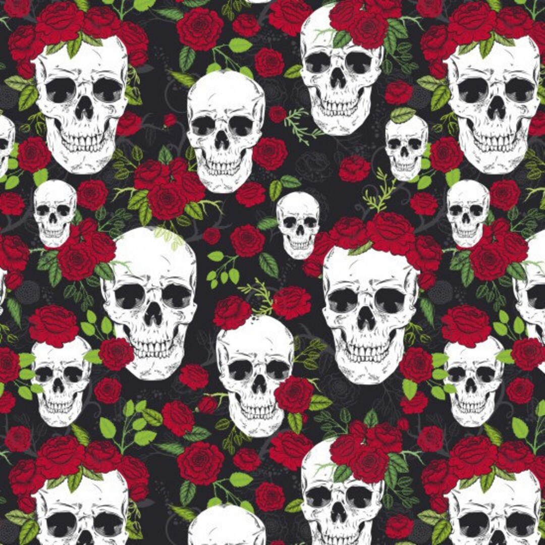Skulls and Red Roses Skullduggery Black Background Cotton Quilting ...