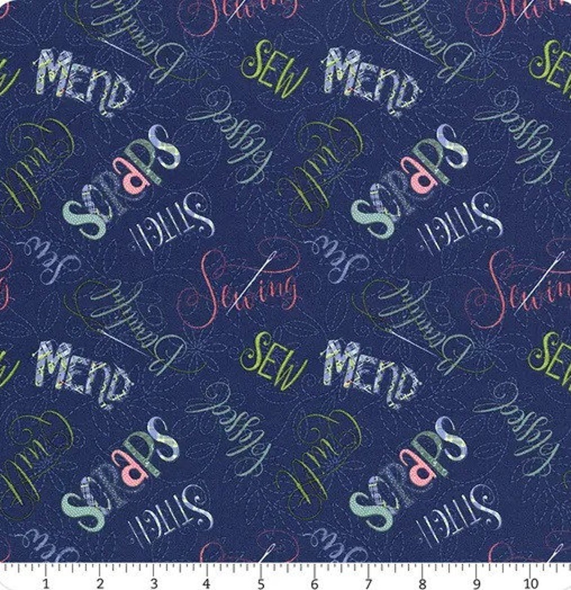 Sew Little Time Words Allover Blue 27618-443 Cotton Quilting Fabric 1/2 ...