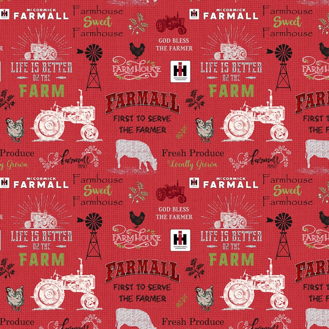 Farmall Sweet Farmhouse Tractor Chalkboard Red Cotton Quilting Fabric 1 ...