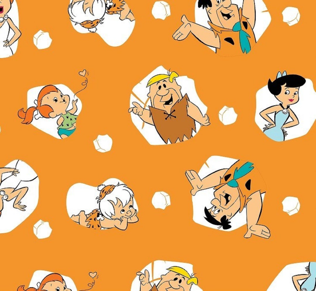 Flintstones Characters Toss Orange Background Cotton Quilting Fabric 1/ ...