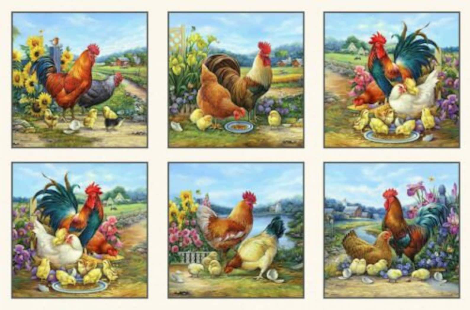 Joyful Countryside Roosters Hens Chickens Cream Cotton Quilting Fabric ...