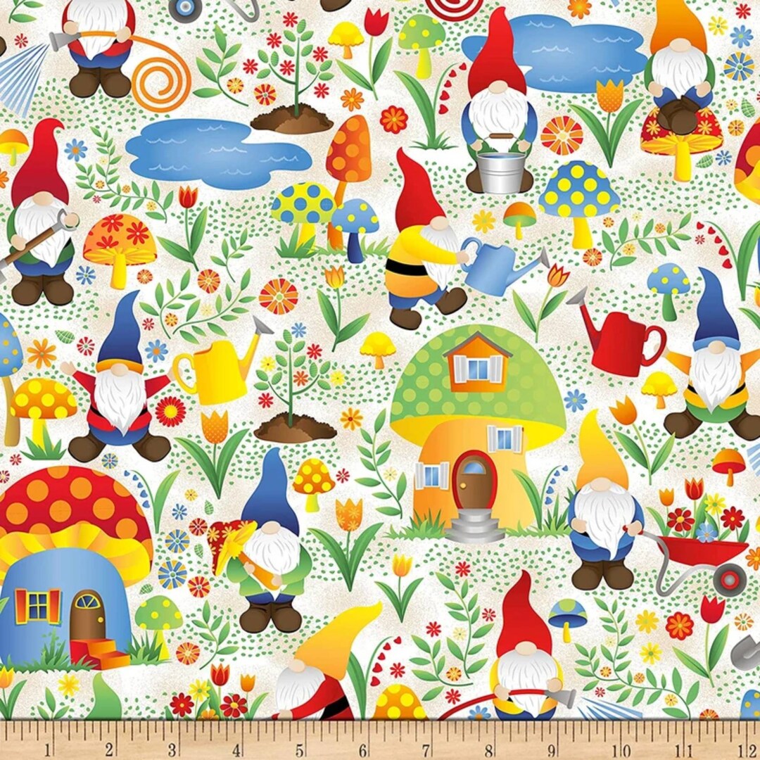 Gnome Worry Be Happy Woodland Gnomes and Mushroom Houses White Cotton ...