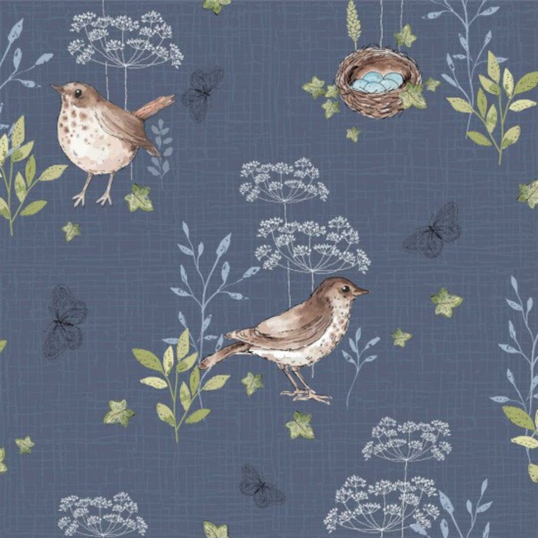 Woodland Birds and Nests Thrush Navy 81220/104 Cotton Quilting Fabric 1 ...