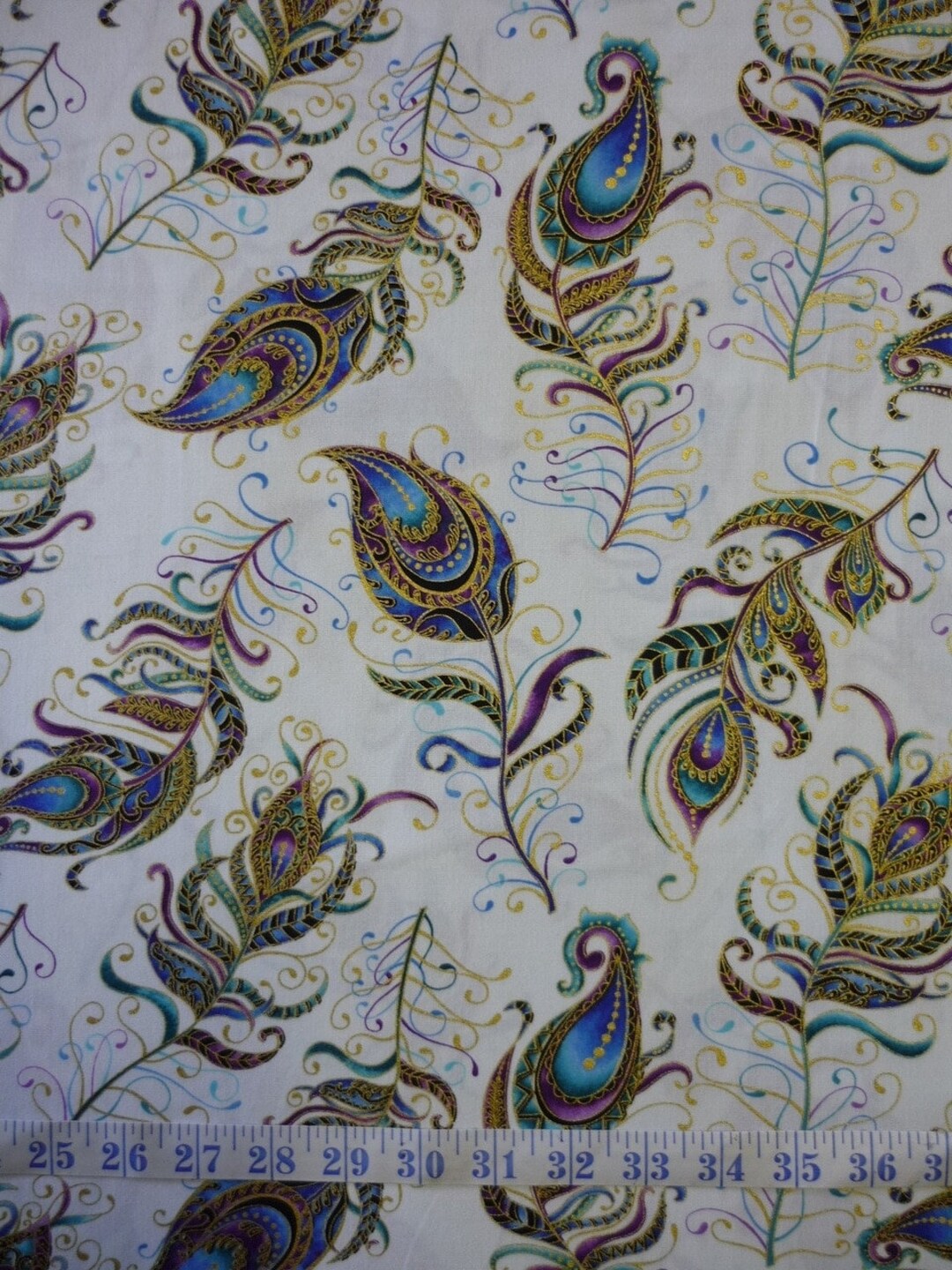Peacock Flourish Floating Feather Light Teal Metallic Highlights Cotton Quilting Fabric 1/2 YARD ...