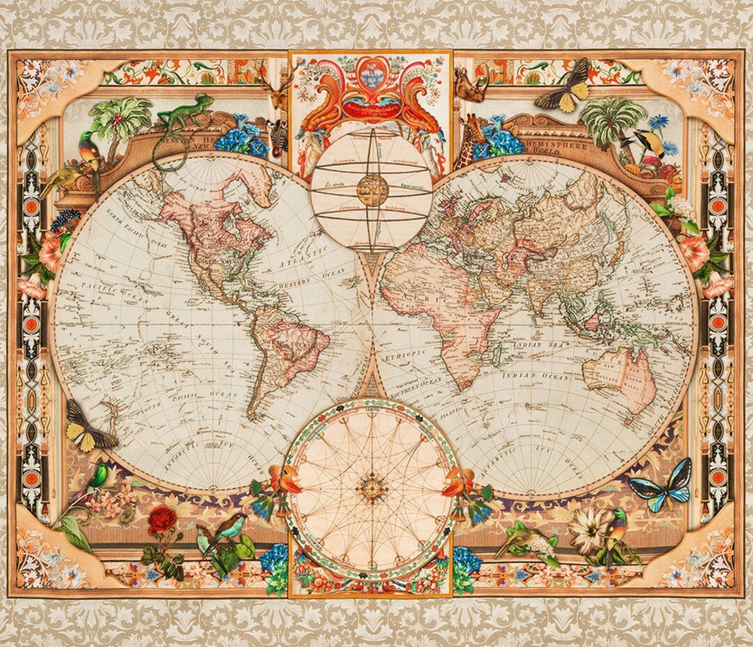 Library of Rarities World Map Antique ANPD21873199 Cotton Quilting ...