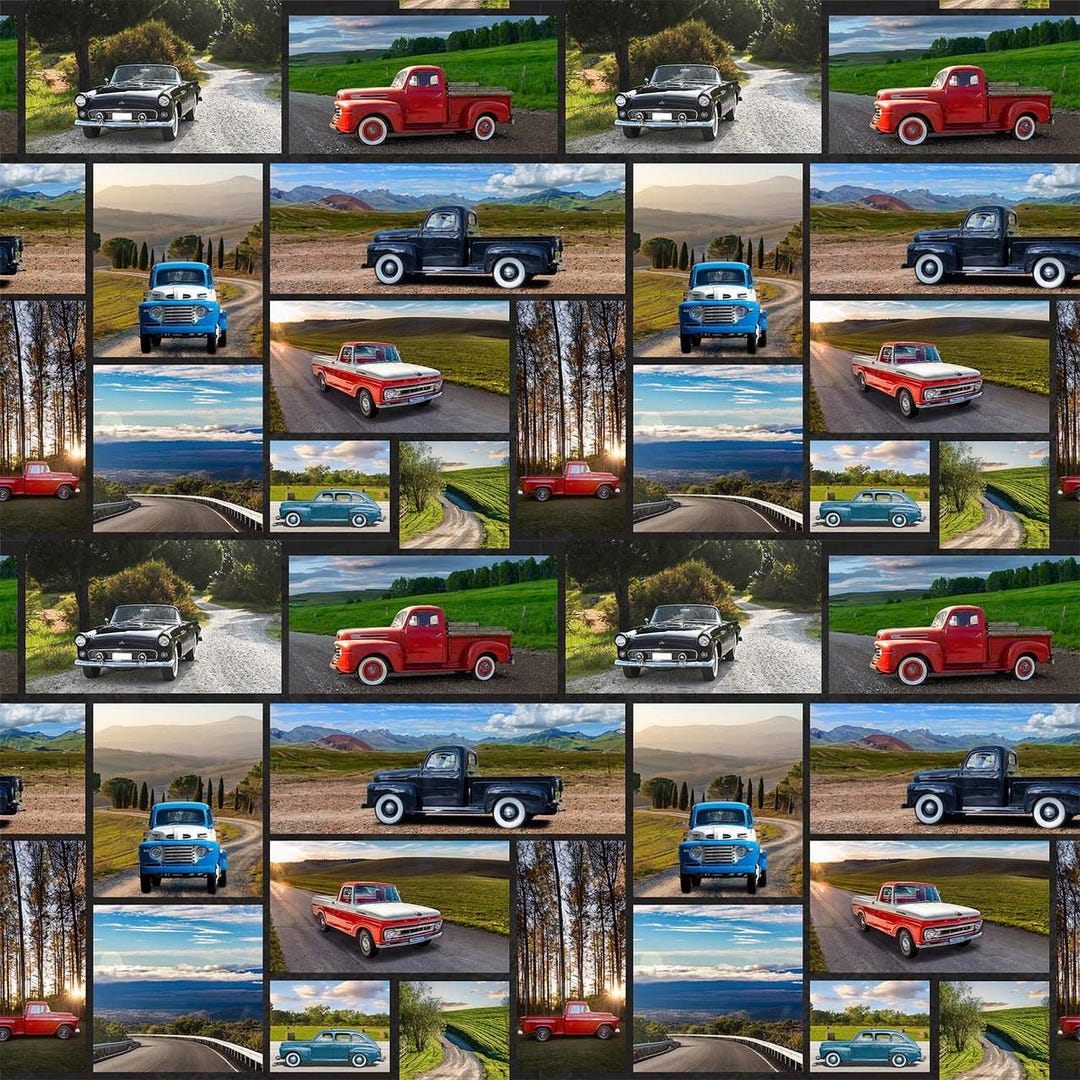 Nostalgic Vehicles Cars Utes Collage 4092C Cotton Quilting Fabric 1/2 ...