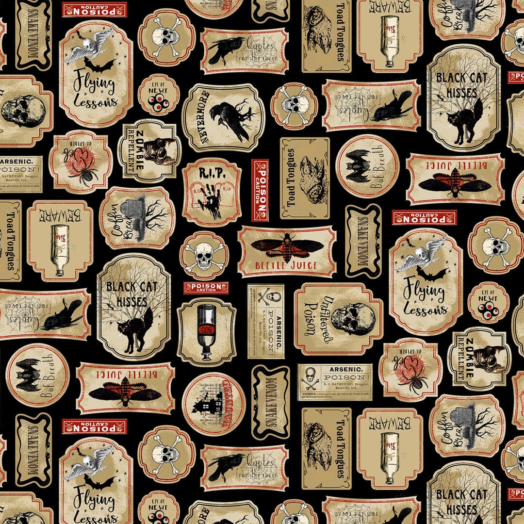 Nevermore Spooky Labels Skulls Spiders Headstones Cotton Quilting ...