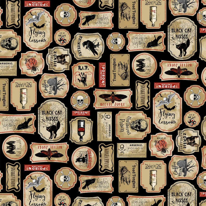 Nevermore Spooky Labels Skulls Spiders Headstones Cotton - Etsy